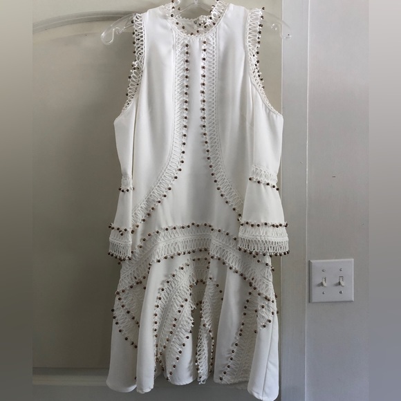 Dresses | Latistie By Amy White Gold Beaded Cold Shoulder Dress Mock ...